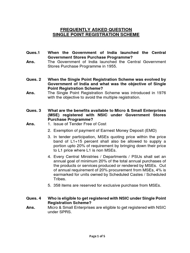 Frequently Asked Question Single Point Registration Scheme: Page 1 of 5 ...