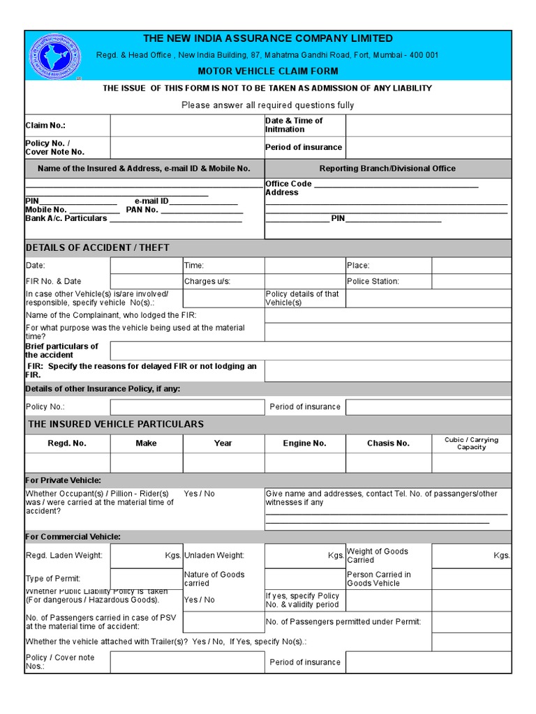 The New India Assurance Company Limited: Please Answer All Required ...