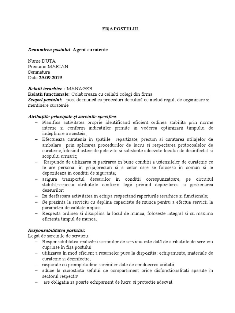 Agent Curatenie Fisa Post | PDF
