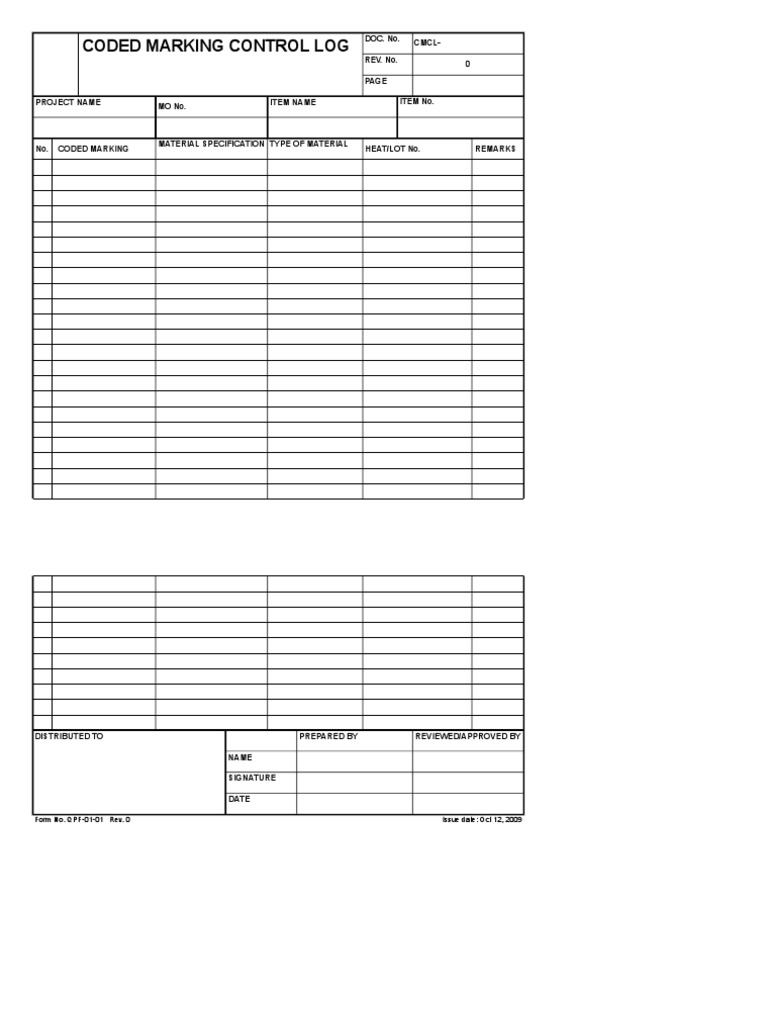 QPF 01-01 Coded Marking Control Log Rev0 | PDF