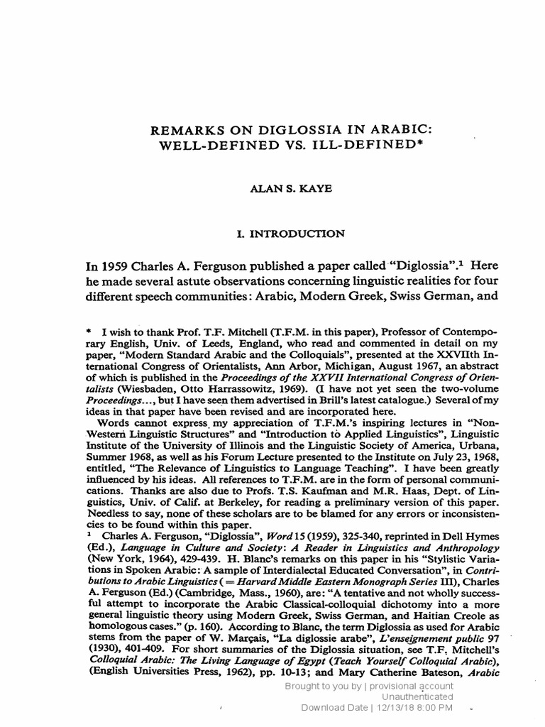 Kaye - Remarks On Diglossia in Arabic Well-Defined vs. Ill-Defined | PDF | Arabic | Stress ...