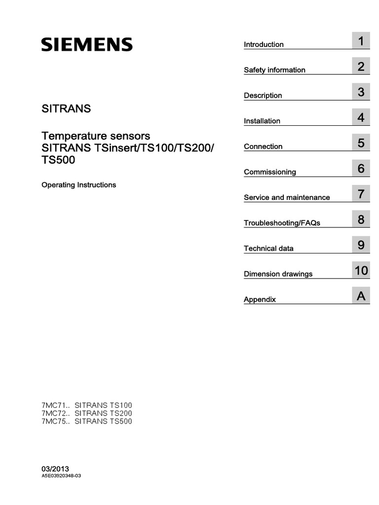 Sitrans Temperature Sensors Sitrans Tsinsert/Ts100/Ts200/ Ts500 | PDF ...