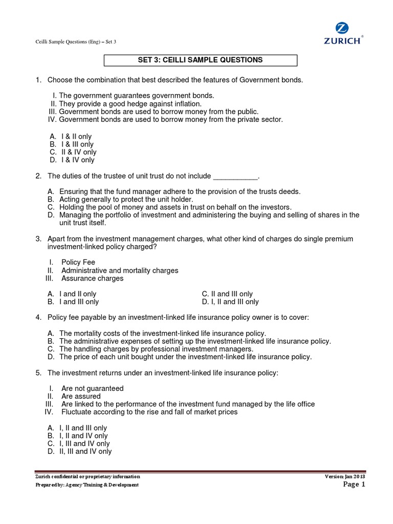 CEILLI Sample Questions Set 3 ENG PDF | PDF | Investment Fund | Life Insurance