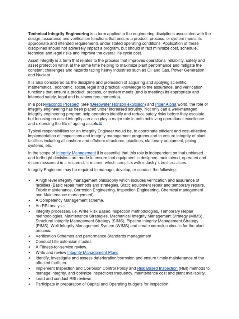 Technical Integrity Engineering Is A Term Applied To The Engineering ...