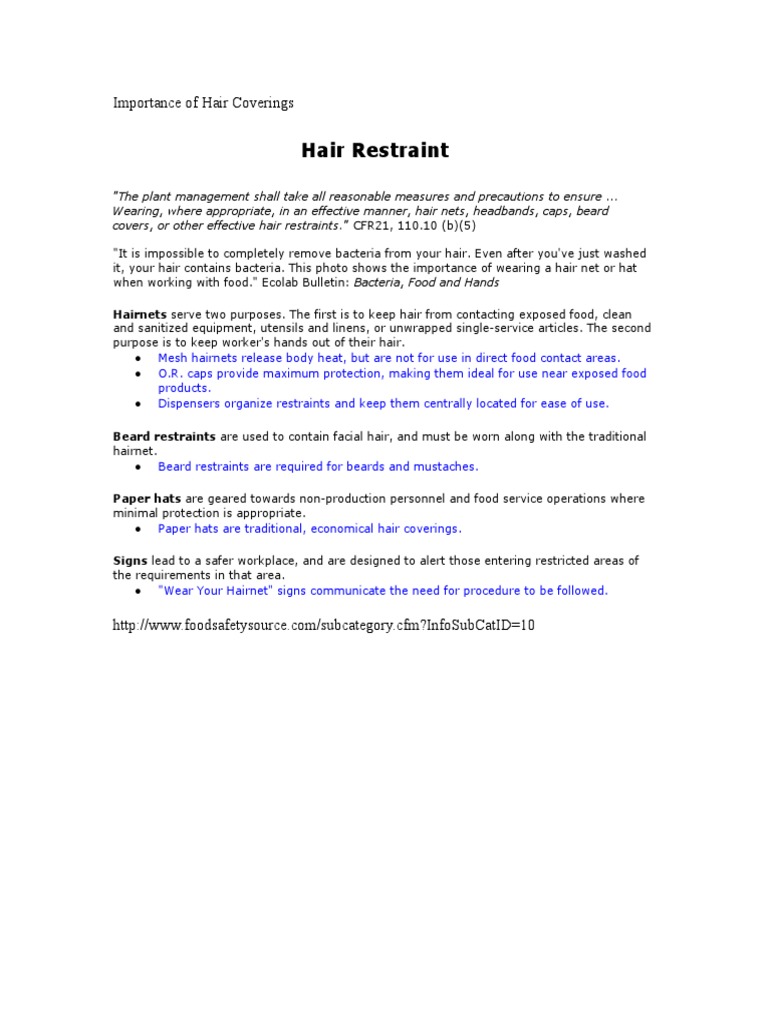 Hair Restraint: Importance of Hair Coverings | PDF