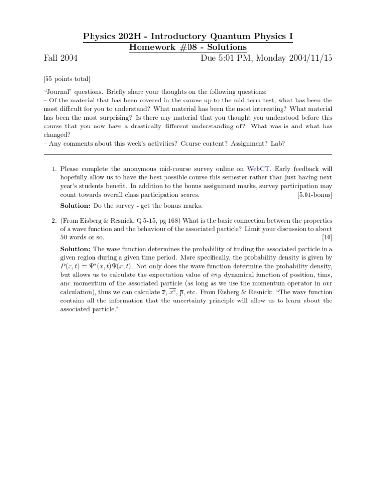 Hw 08 202h Solutions Pdf Pdf Wave Function Schrödinger Equation