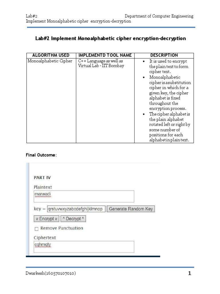 Lab#2 Implement Monoalphabetic Cipher Encryption-Decryption: Algorithm Used Implementd Tool Name ...