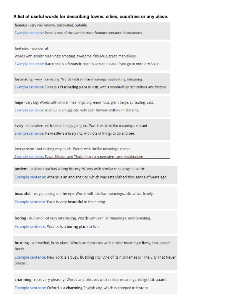 A List of Useful Words For Describing Towns, Cities, Countries or Any ...