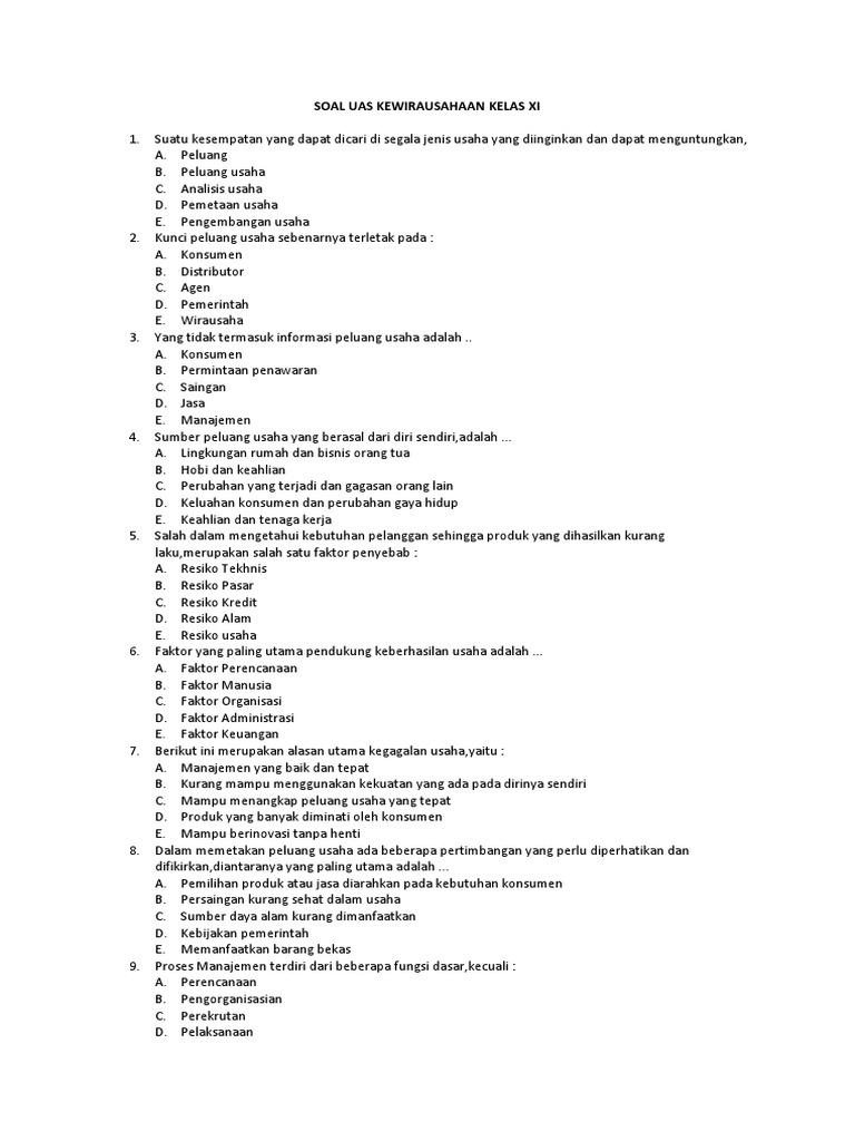 Soal Uas Kewirausahaan Kelas Xi, Eka | PDF | Bisnis