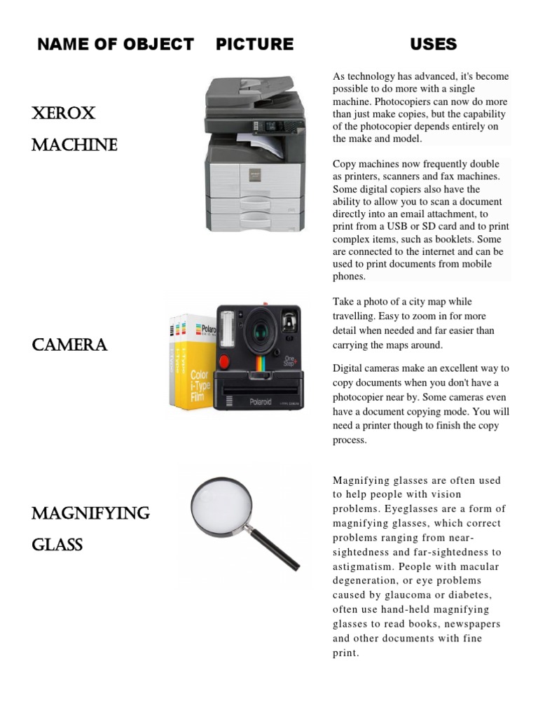 Xerox Machine: Name of Object Picture Uses | PDF | Photocopier | Image ...