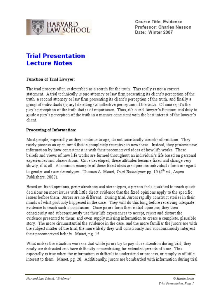 Trial Presentation Lecture Notes: Function of Trial Lawyer | PDF ...