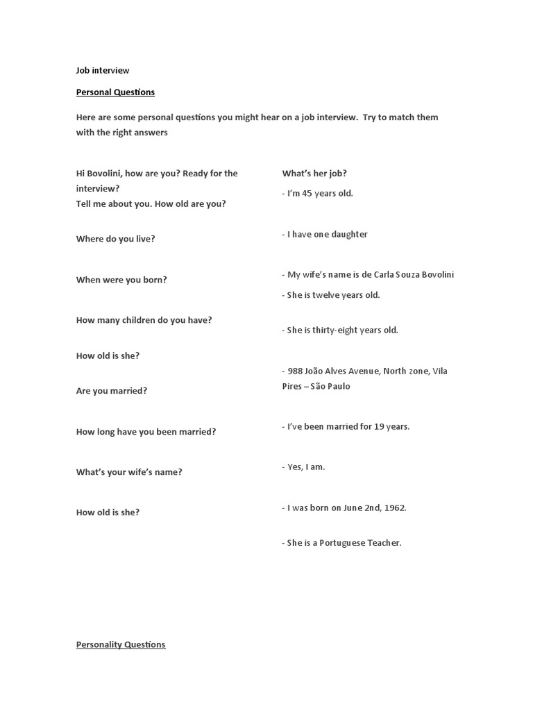 Personal Questions: Job Interview | PDF | Fluency | Cognition