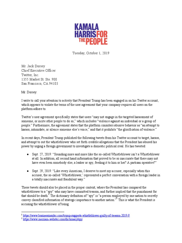 Harris Urges Action on Trump's Tweets | PDF | Whistleblower | Espionage