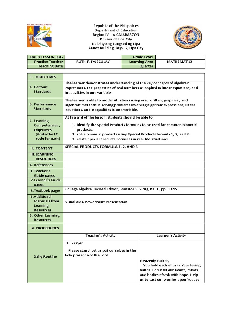 Daily Lesson Log Grade Level Practice Teacher Learning Area Teaching ...