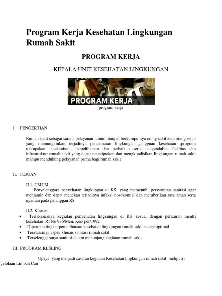 Program Kerja Kesehatan Lingkungan Rumah Sakit | PDF