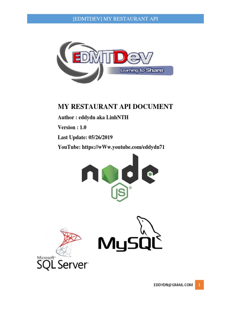 My Restaurant API Documentation | PDF | Microsoft Sql Server | My Sql