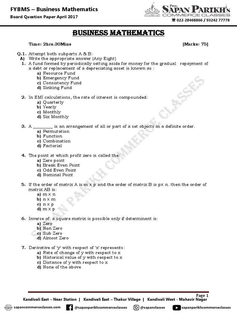 FYBMS II Business Mathematics April 2017 | PDF | Supply And Demand | Matrix (Mathematics)