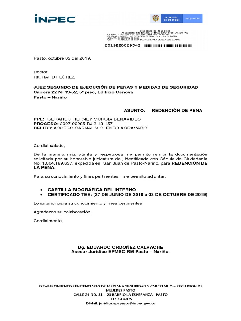 Minutas Solicitud Redencion de Pena | PDF Minutas Solicitud Redencion de Pena | PDF