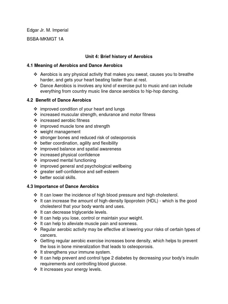 Unit 4: Brief History of Aerobics 4.1 Meaning of Aerobics and Dance ...