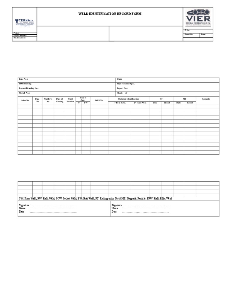 Weld Identification Record Form