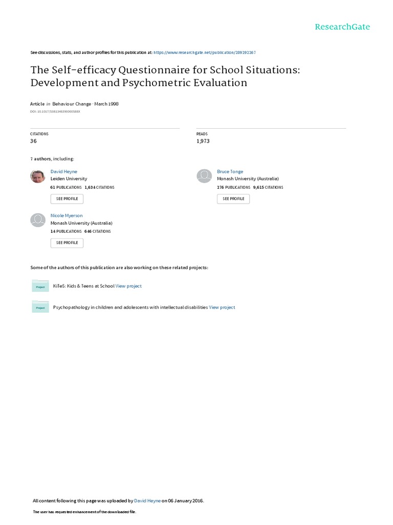 Self-Efficacy Questionnaire for Schools | PDF | Self Efficacy | Mental ...