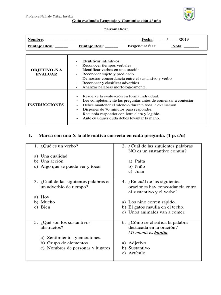 Prueba Gramatica Lenguaje - Verbos y Adverbios | PDF | Verbo ...