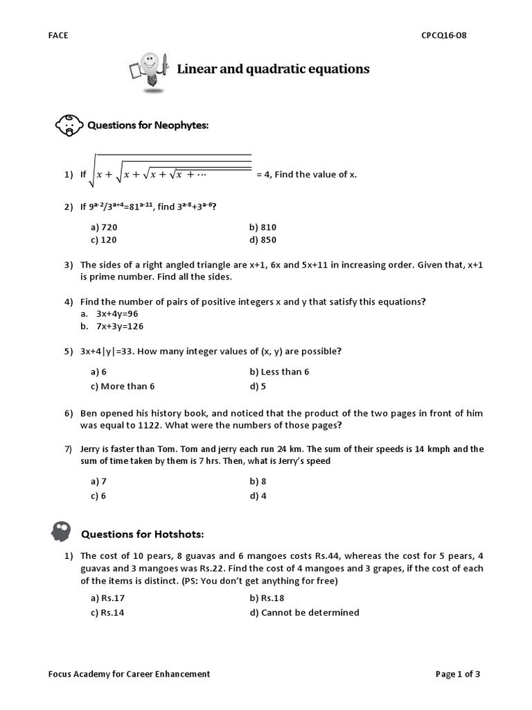 Solving Linear and Quadratic Equations: A Collection of Problems for ...