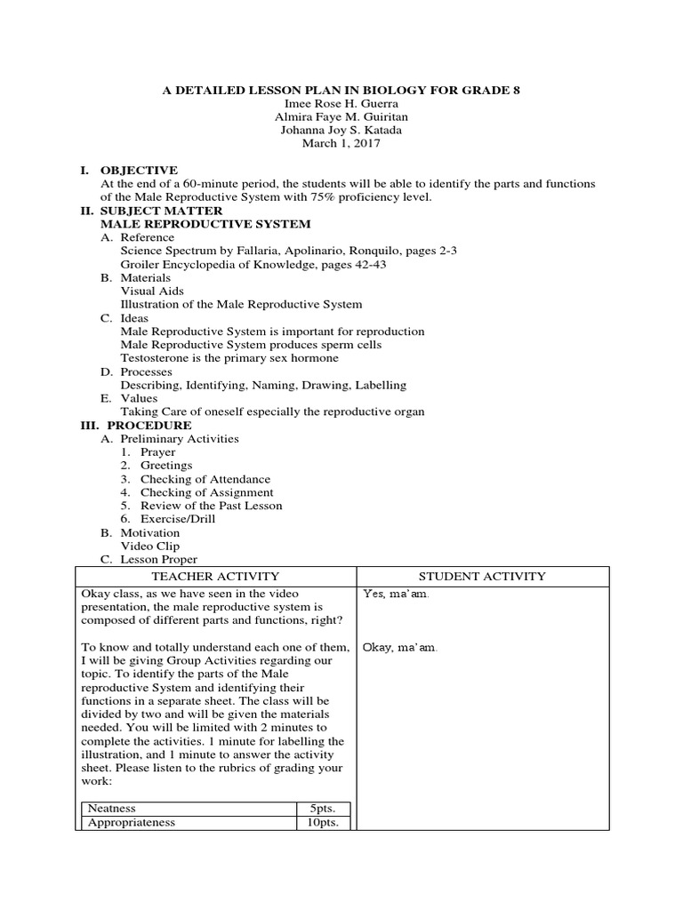 A Detailed Lesson Plan in Biology For GR | PDF | Testicle | Reproduction