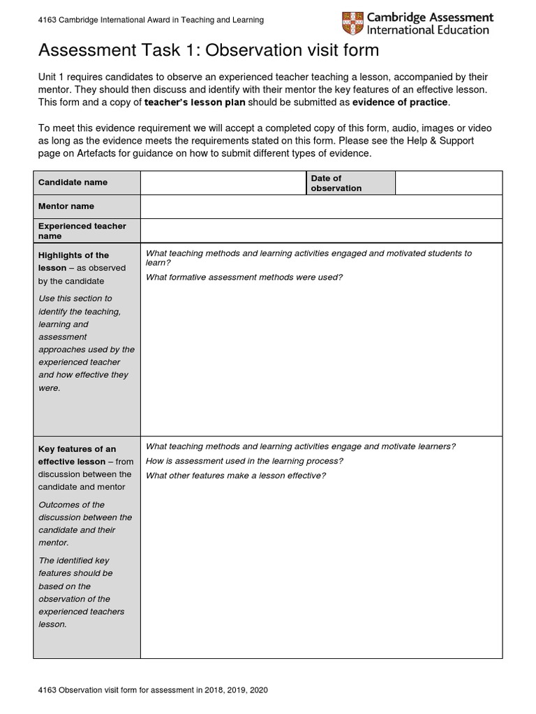 Assessment Task 1 Observation Visit Form | PDF