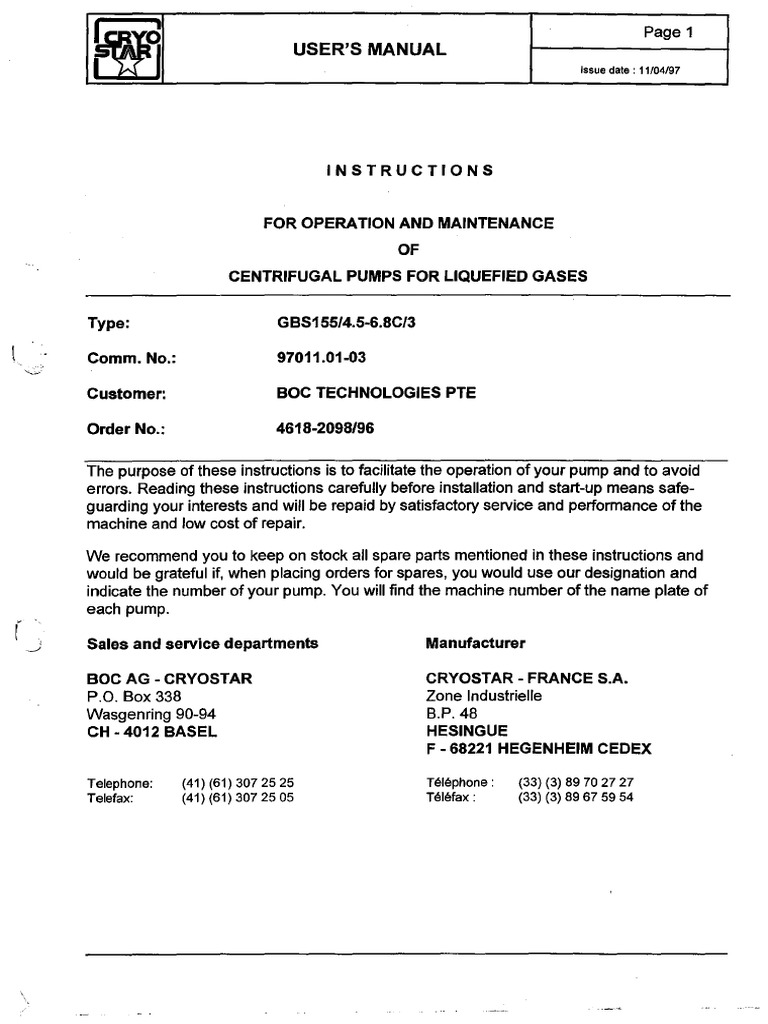 Cryostar Centrifugal Pump User Manual | PDF | Pump | Transmission ...