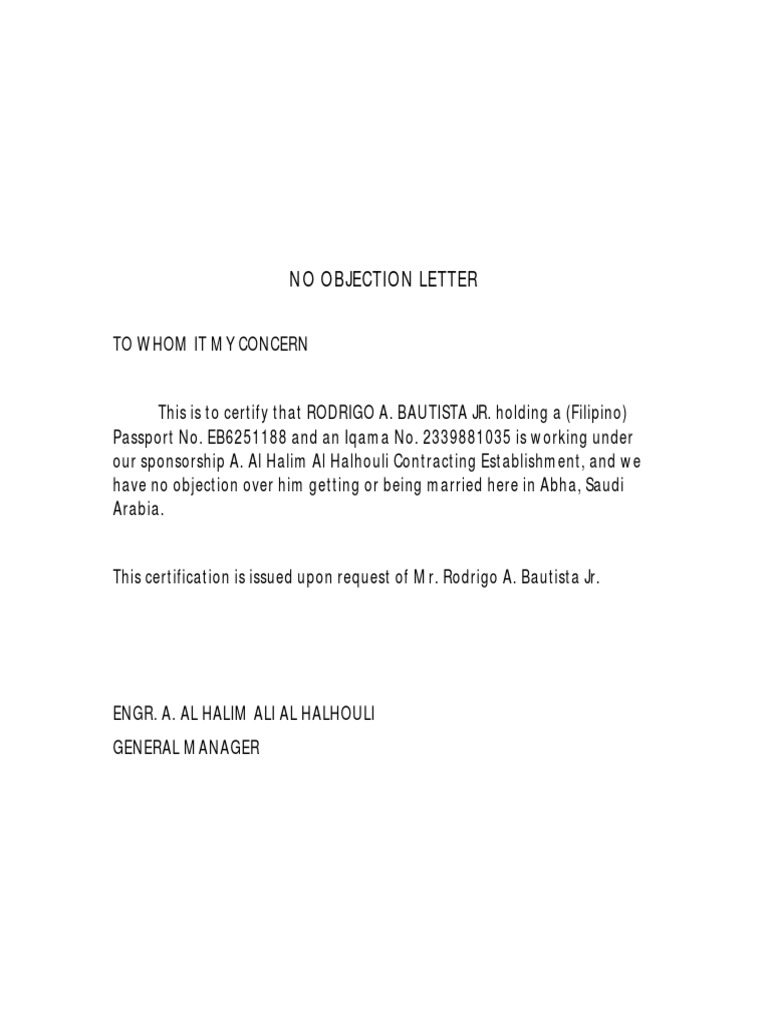 No Objection Letter For Passport