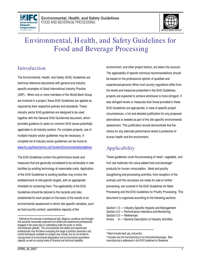 Environmental, Health, and Safety Guidelines For Food and Beverage ...