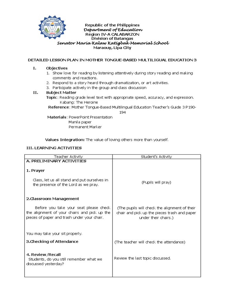 Mother Tongue Lesson Plan | PDF