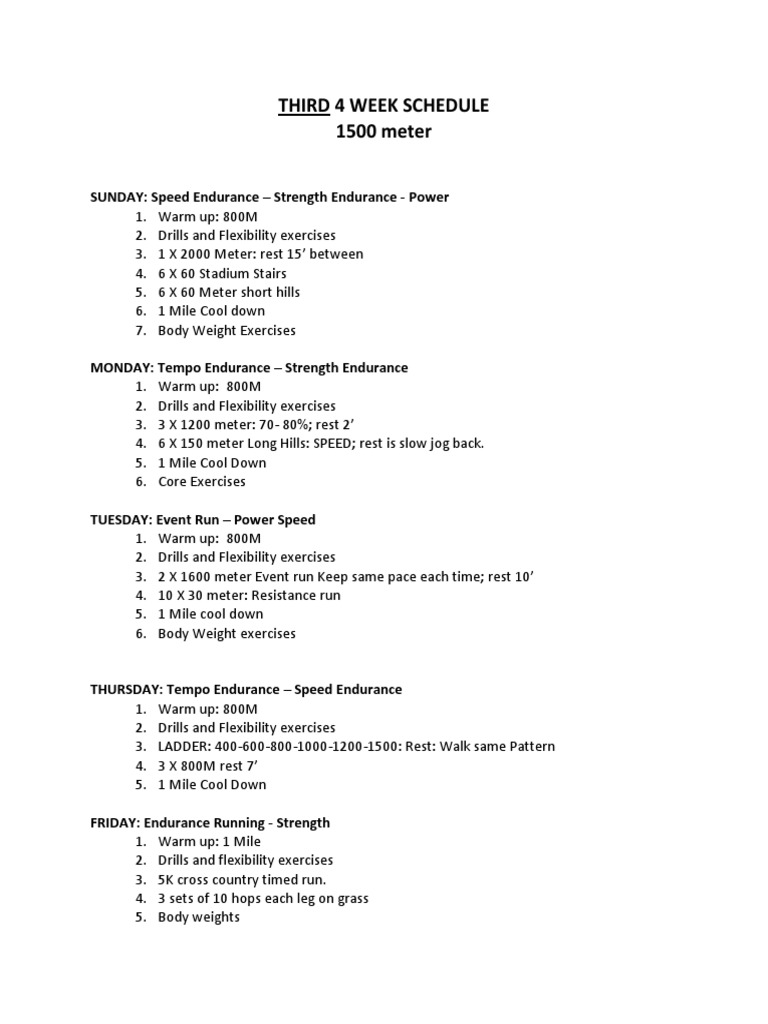 1500m Training Schedule: 4 Weeks | PDF | Recreation | Individual Sports