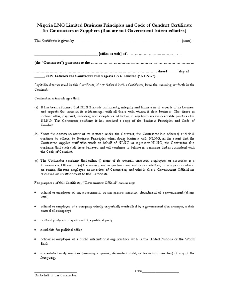 Attachment 1 - Business Principles and Code of Conduct Certificate ...