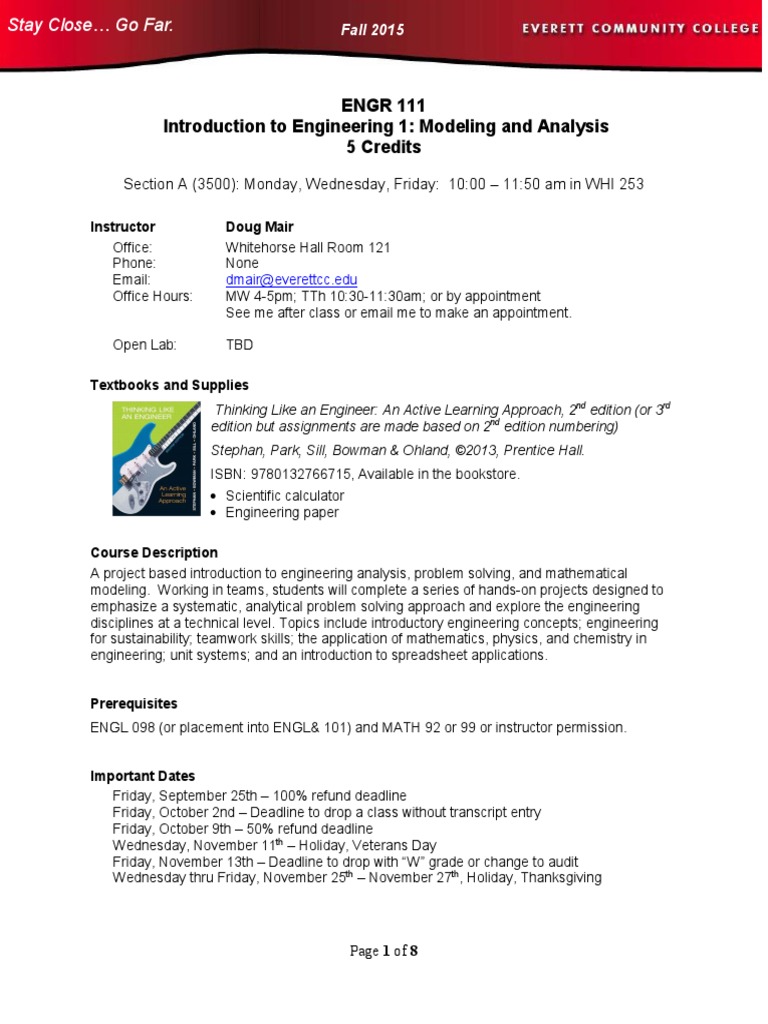 Engr 111 A, Section 3500 - D. Mair - Fall 2015 Syllabus | PDF ...