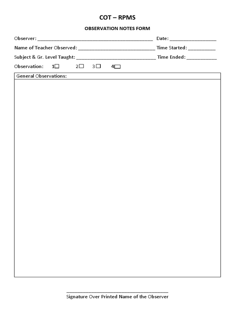 Cot - RPMS: Observation Notes Form | PDF