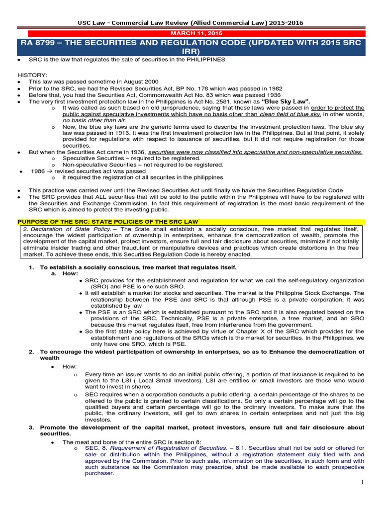 RA 8799 - The Securities and Regulation Code (Updated With 2015 SRC Irr ...