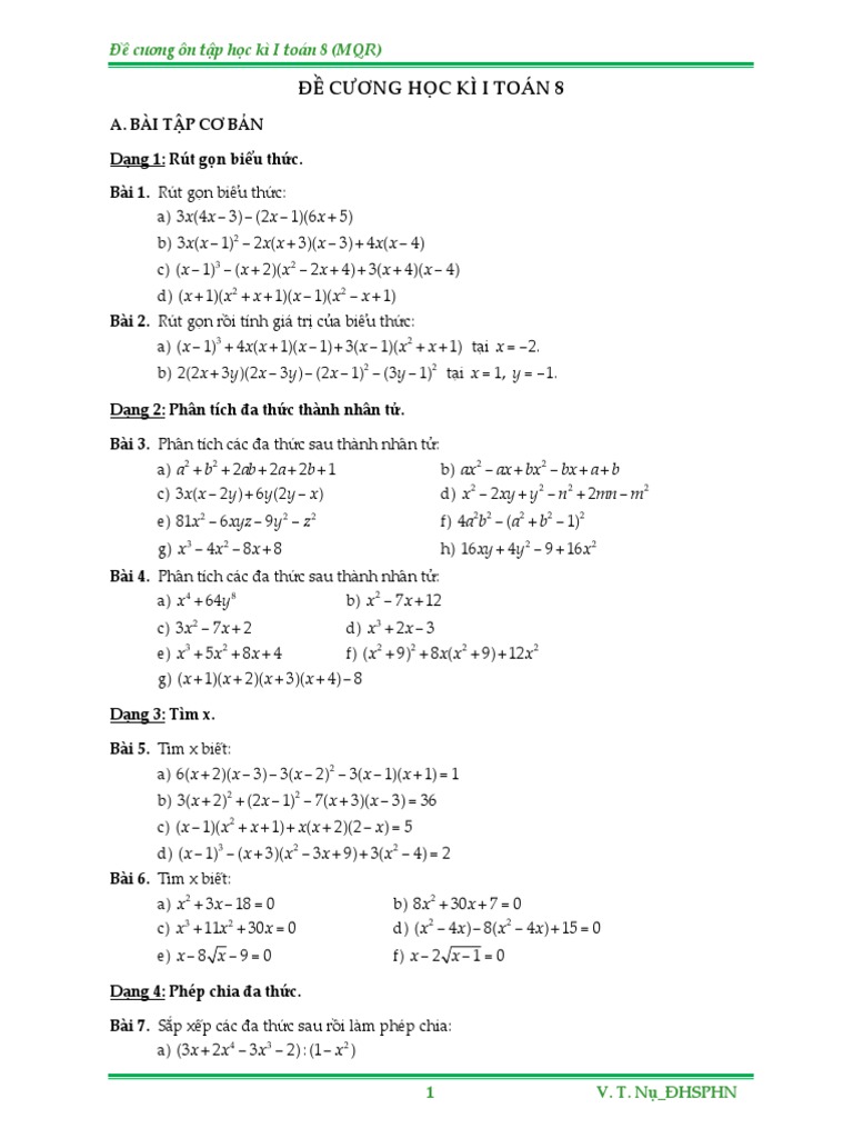 De Cuong On Tap hk1 Toan 8 PDF | PDF