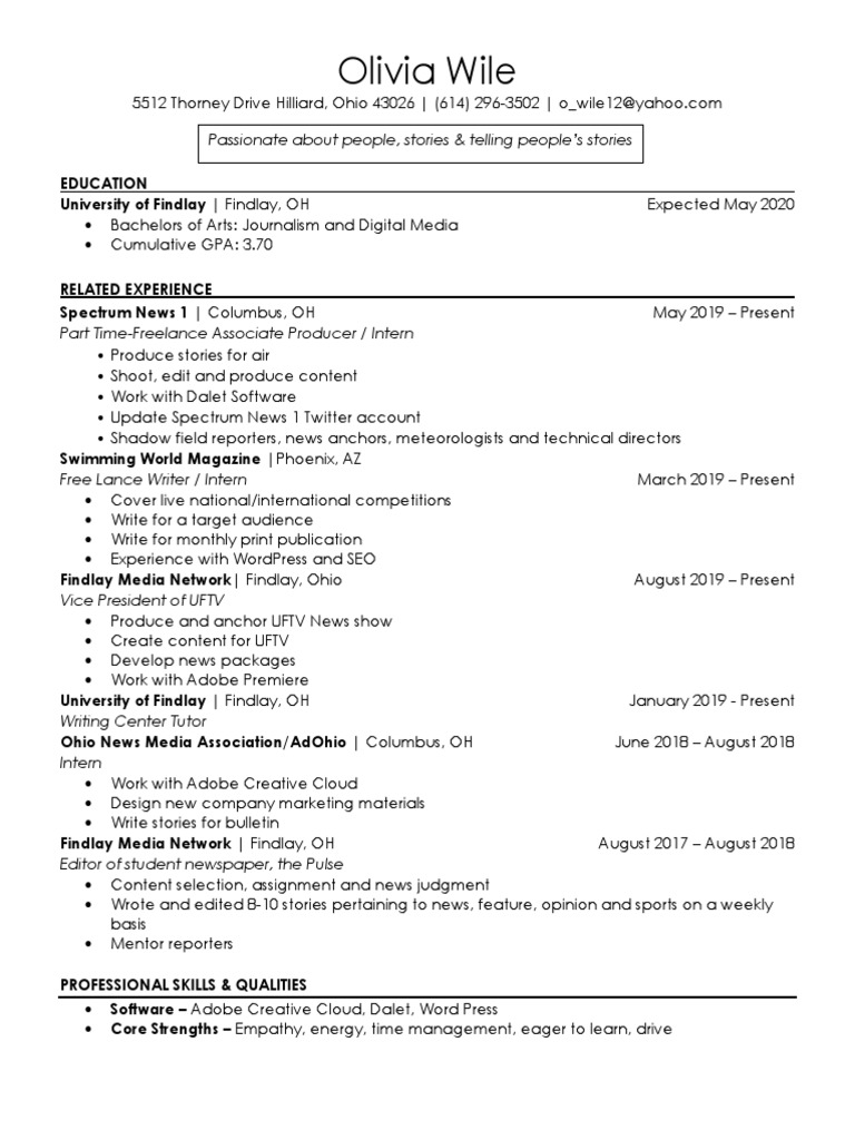 Updated Olivia Wile Resume | PDF | News | News Media