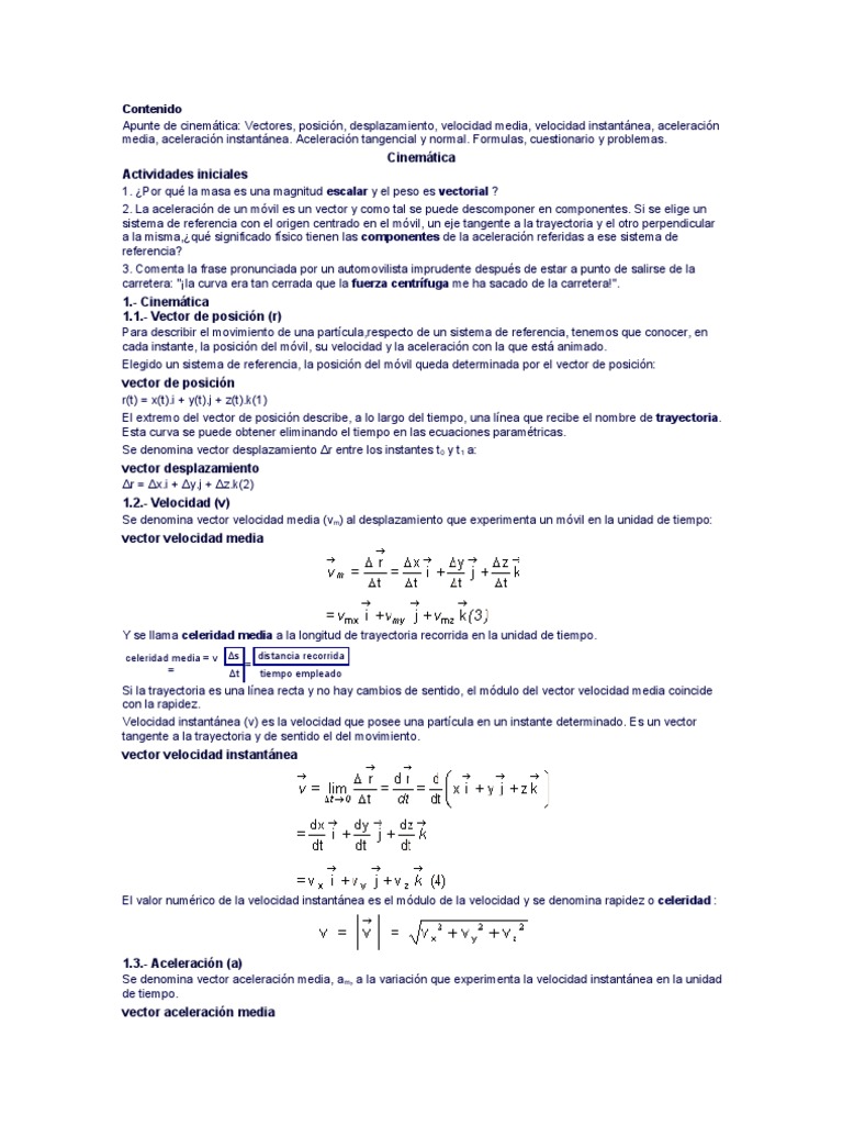 Cinemática: Conceptos fundamentales de posición, velocidad, aceleración y sus aplicaciones a ...