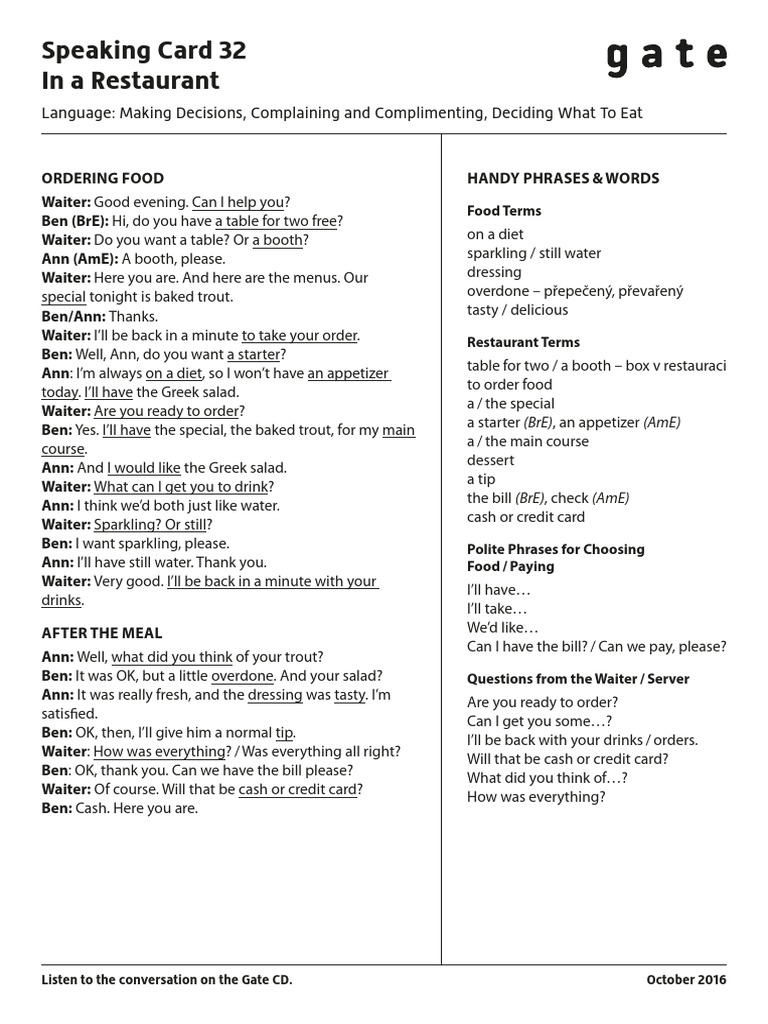 Speaking Card 32 in A Restaurant: Language: Making Decisions ...