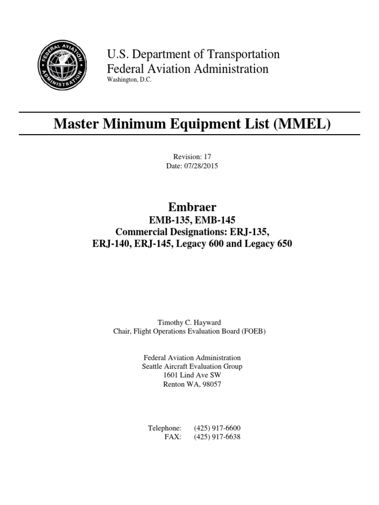 EMB-135/145 MMEL Revision 17 | PDF | Spaceflight Technologies | Aeronautics