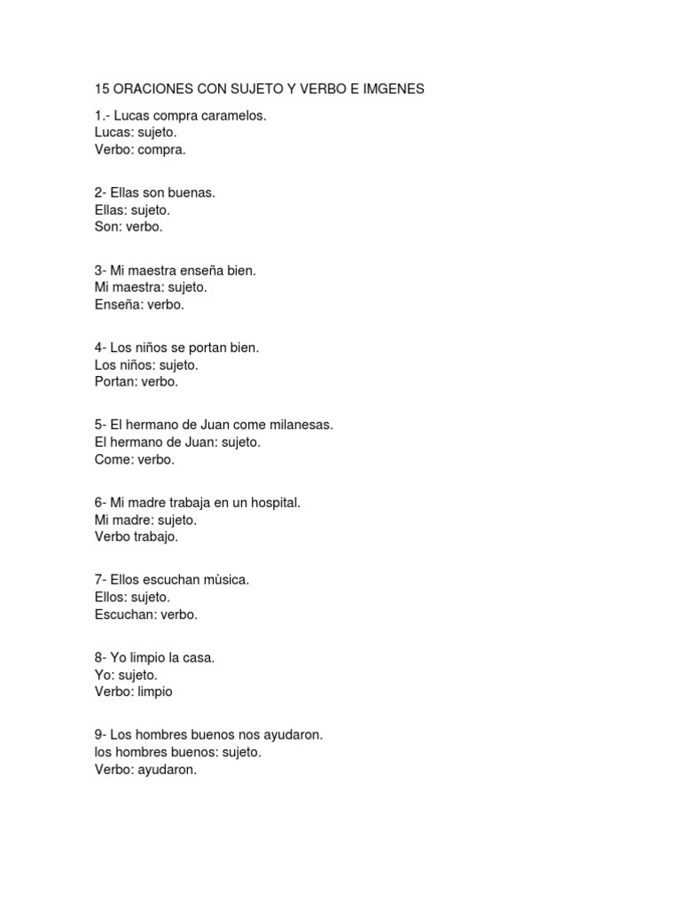 Ejemplos de Oraciones con Sujeto y Verbo | PDF | Estudios de idiomas ...