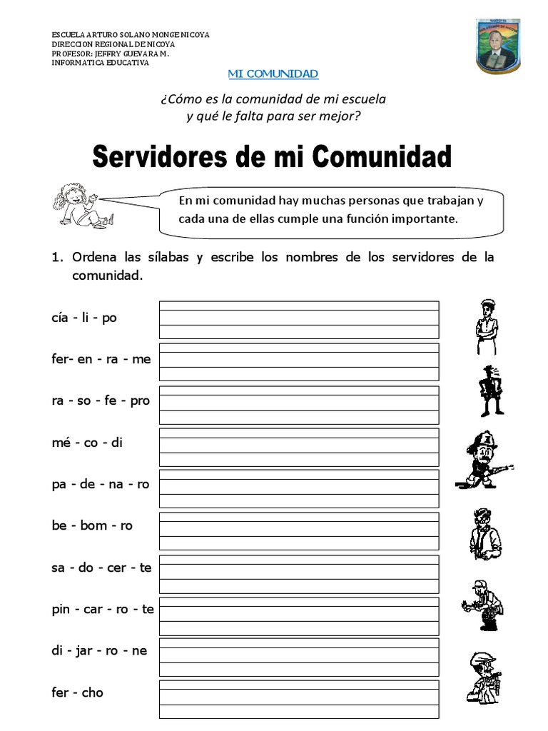Hojas De Trabajo Sobre La Comunidad Para Primer Grado Trabajos En La