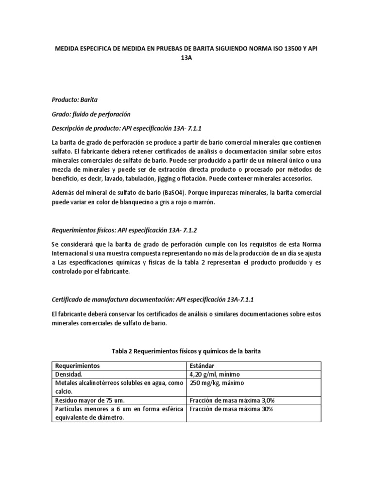 Medida Especifica de Medida en Pruebas de Barita Siguiendo Norma Iso ...