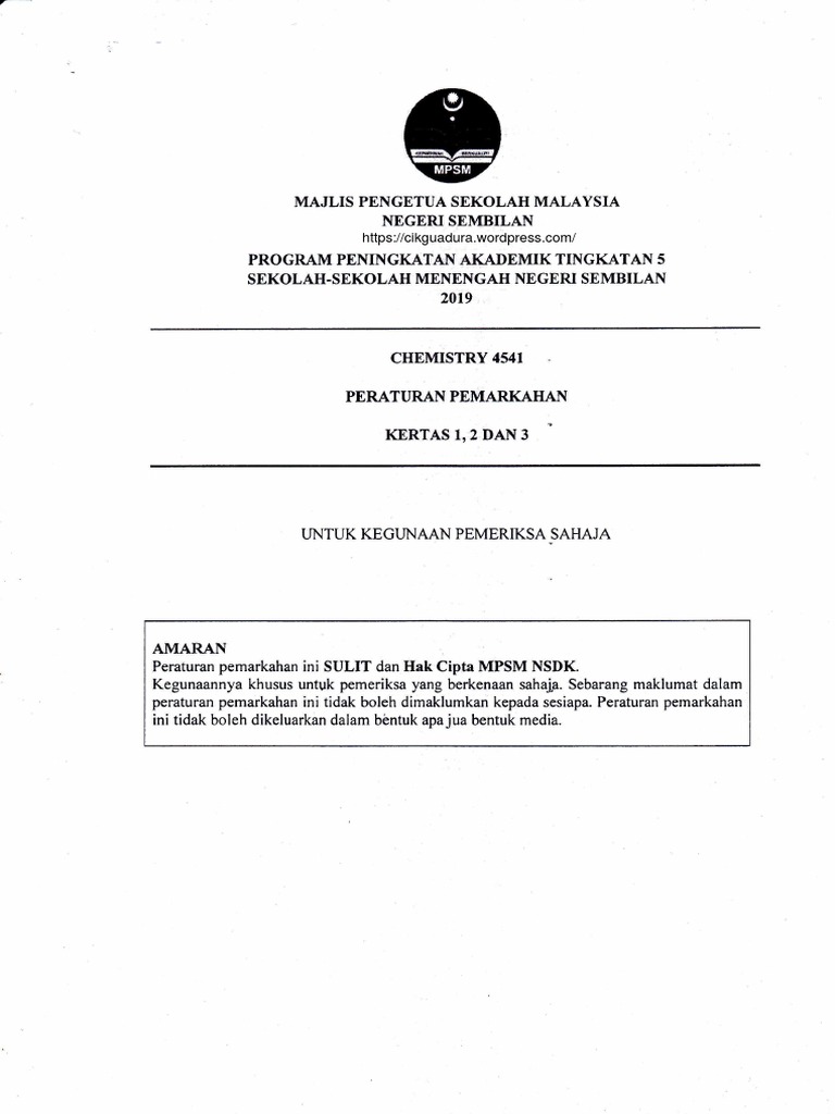 Skema Kimia K123 Trial SPM Negeri Sembilan 2019 | PDF
