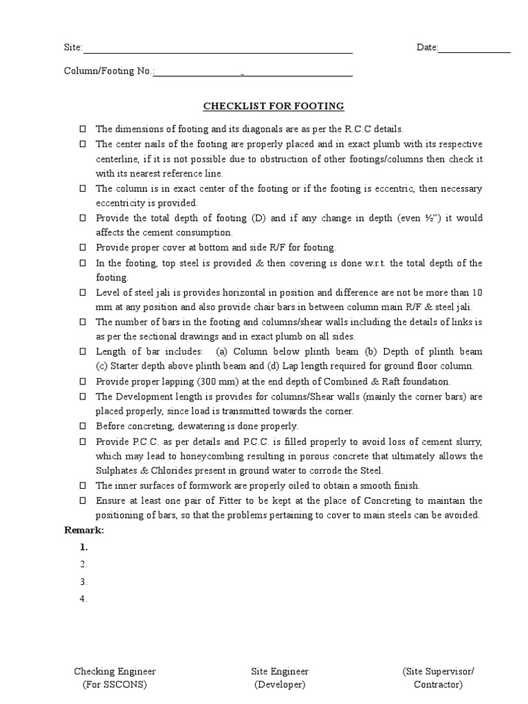 Checklist For Footing | PDF | Column | Concrete