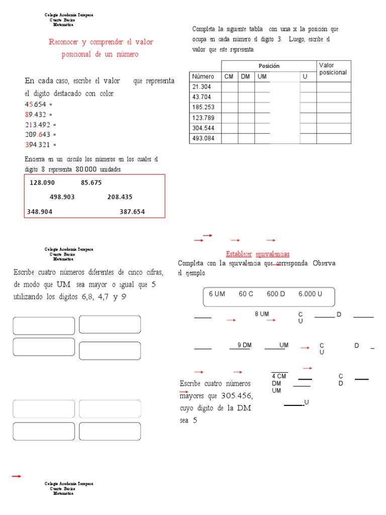 Reconociendo el valor posicional de los dígitos en números | PDF ...