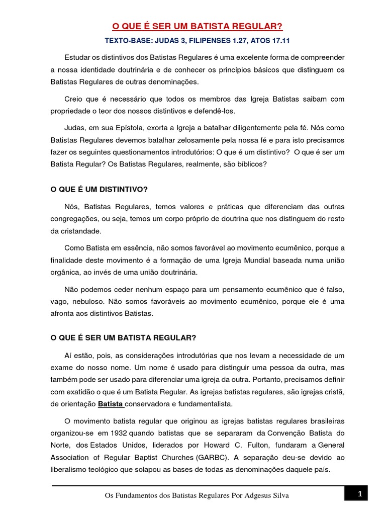 Os Fundamentos Dos Batistas Regulares | PDF | Batismo | Igreja católica